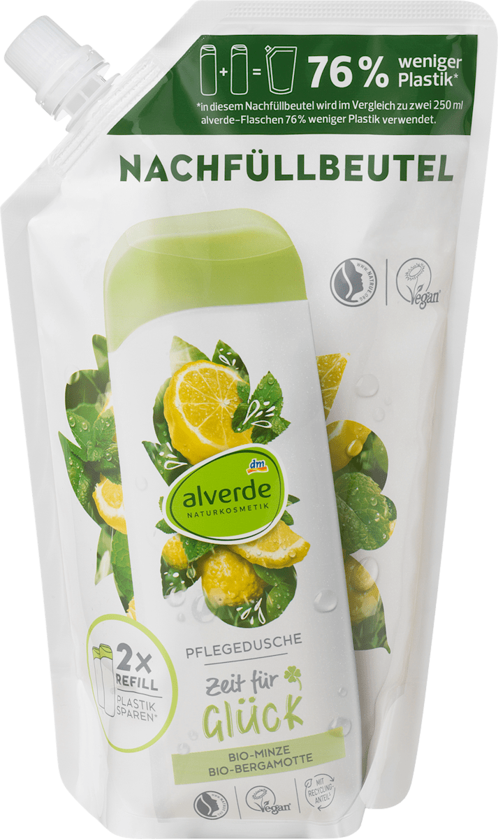 alverde NATURKOSMETIK Negovalni gel za prhanje z bio meto in bio bergamotko, polnilo, 500 ml ...