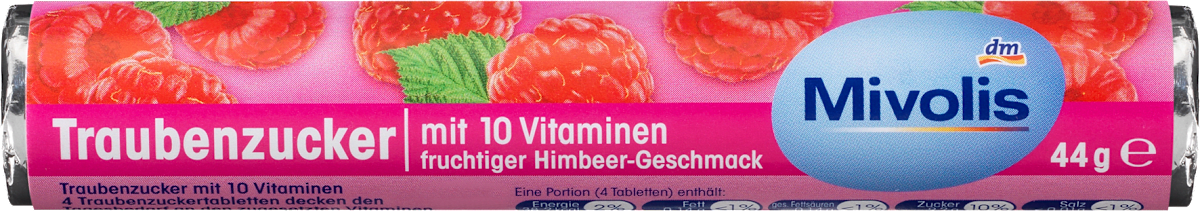 Mivolis Traubenzucker, Himbeere mit 10 Vitaminen, 44 g dauerhaft ...