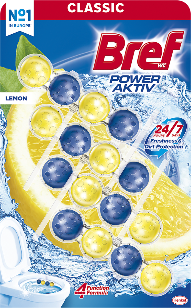 Bref WC blok Power Aktiv s vůní citronu 4x50 g, 200 g | dm.cz