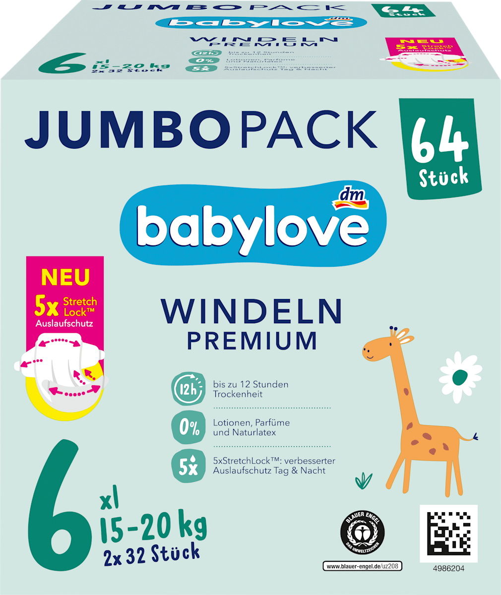 babylove Windeln Premium Gr. 6 XL (15-20 kg) Jumbopack, 64 St | dm.at