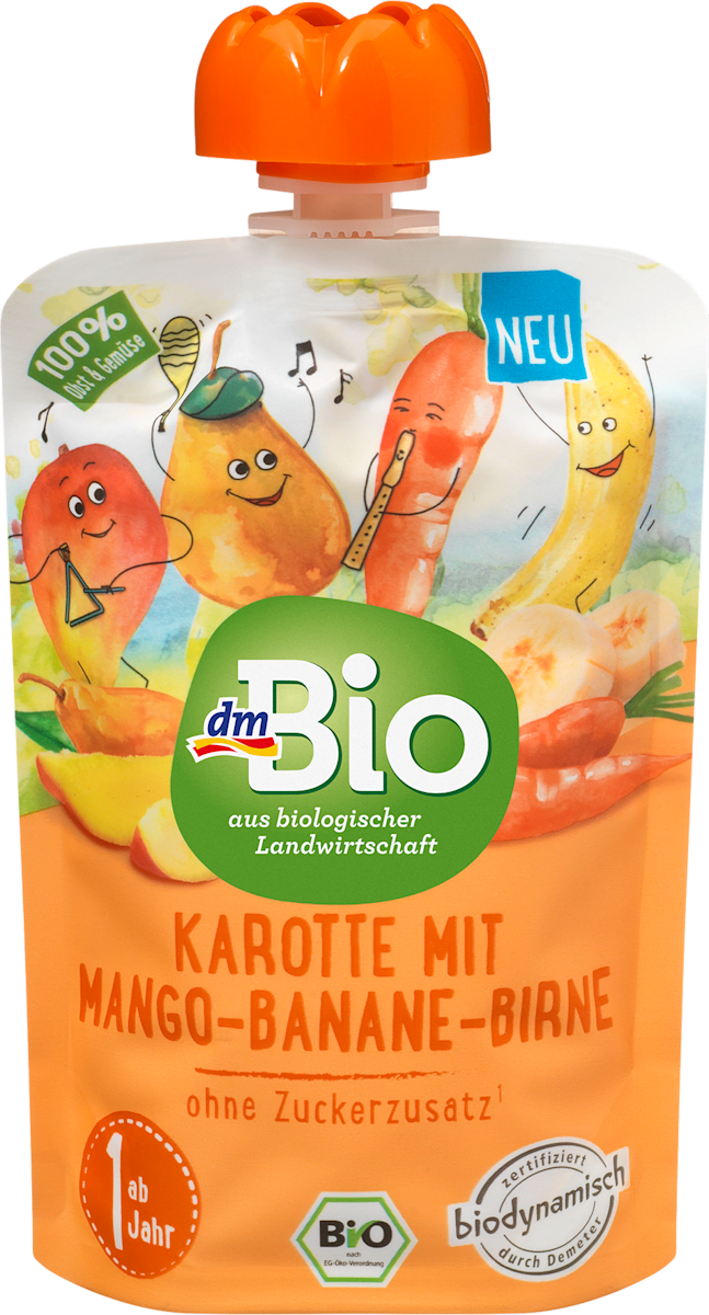 dmBio Quetschie Karotte mit Mango, Banane, Birne ab 1 Jahr, 100 g | dm.at