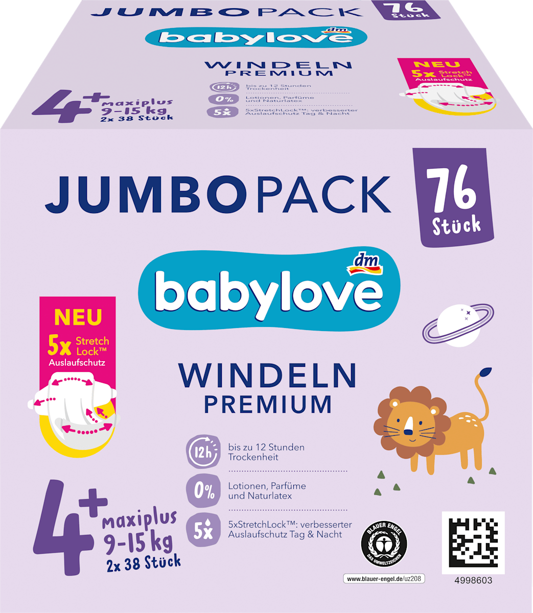 babylove Windeln Premium Gr. 4+ Maxiplus (9-15 kg) Jumbopack, 76 St | dm.at