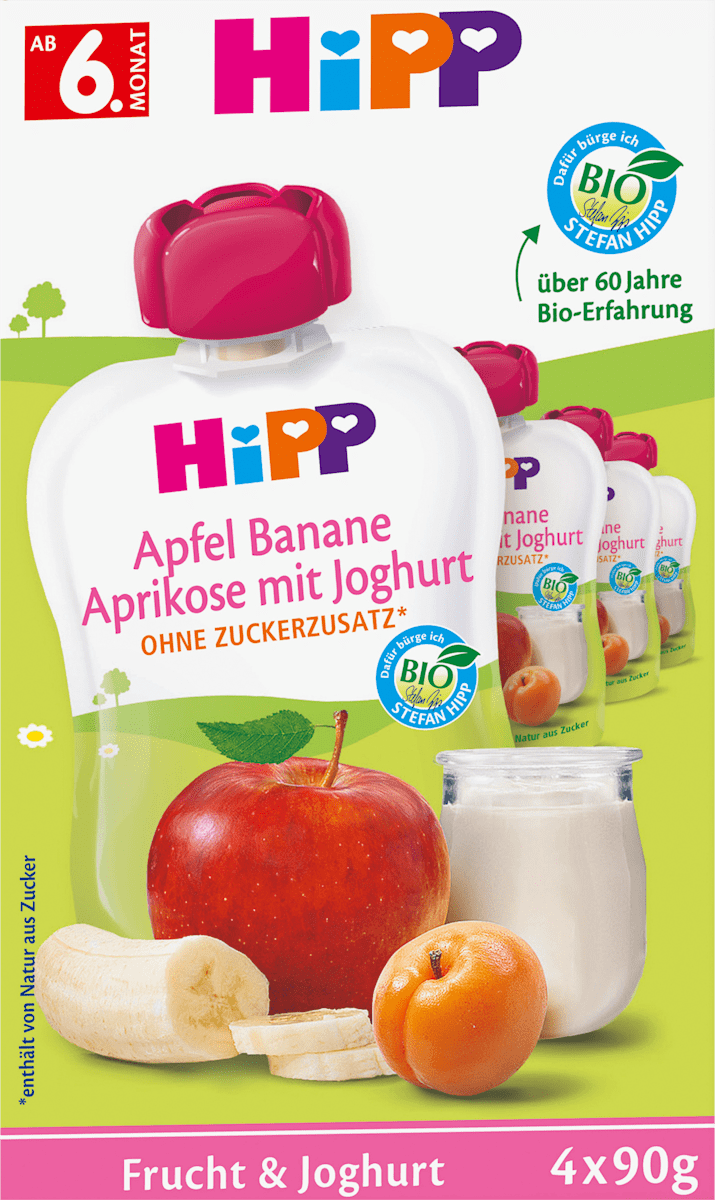 Hipp Quetschie Apfel Banane Aprikose mit Joghurt, ab 6. Monat (4x90 g), 360 g dauerhaft günstig ...