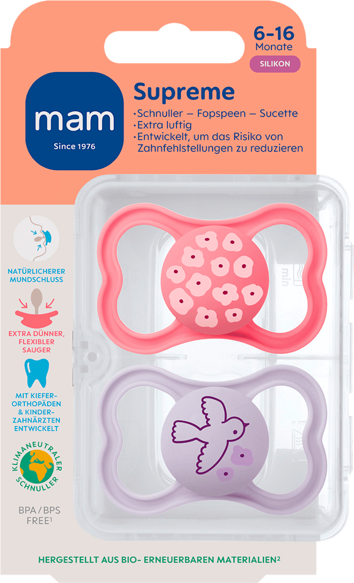 mam Schnuller Supreme Silikon, pink/lila, 6-16 Monate, 2 St dauerhaft ...