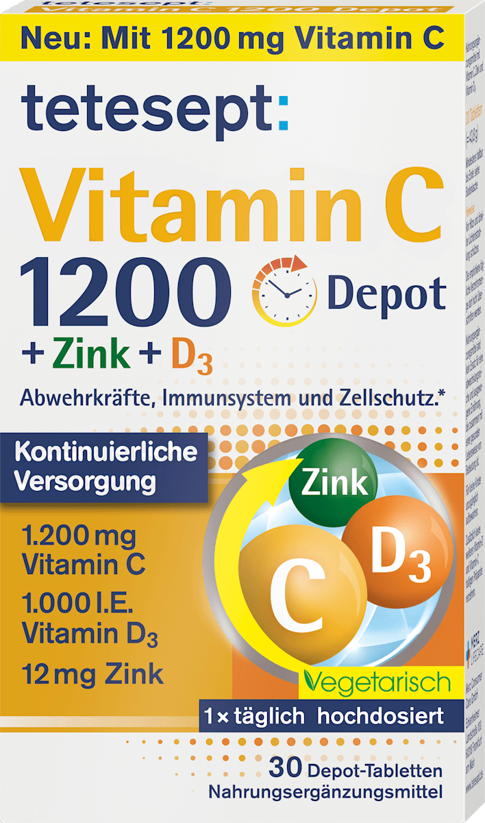 tetesept Vitamin C 1200 Depot + Zink + D3 Tabletten 30 St, 43,8 g ...