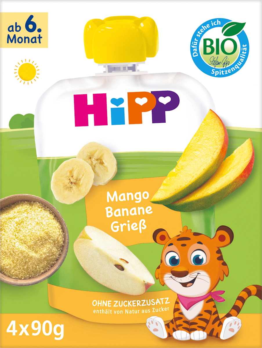 HiPP Quetschies Multi Mango Bananen Grieß, ab 6. Monat (4x90 g), 360 g ...