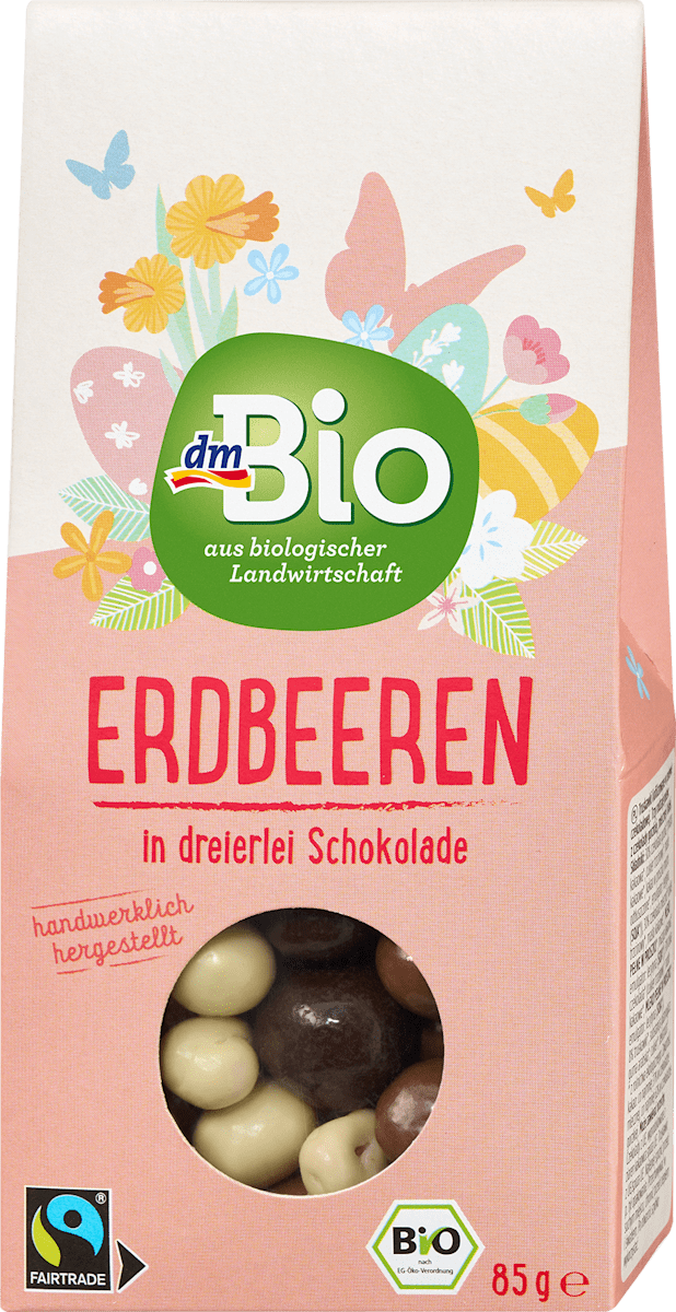 dmBio Bio liofilizirani koščki jagod, obliti s temno, mlečno in belo ...