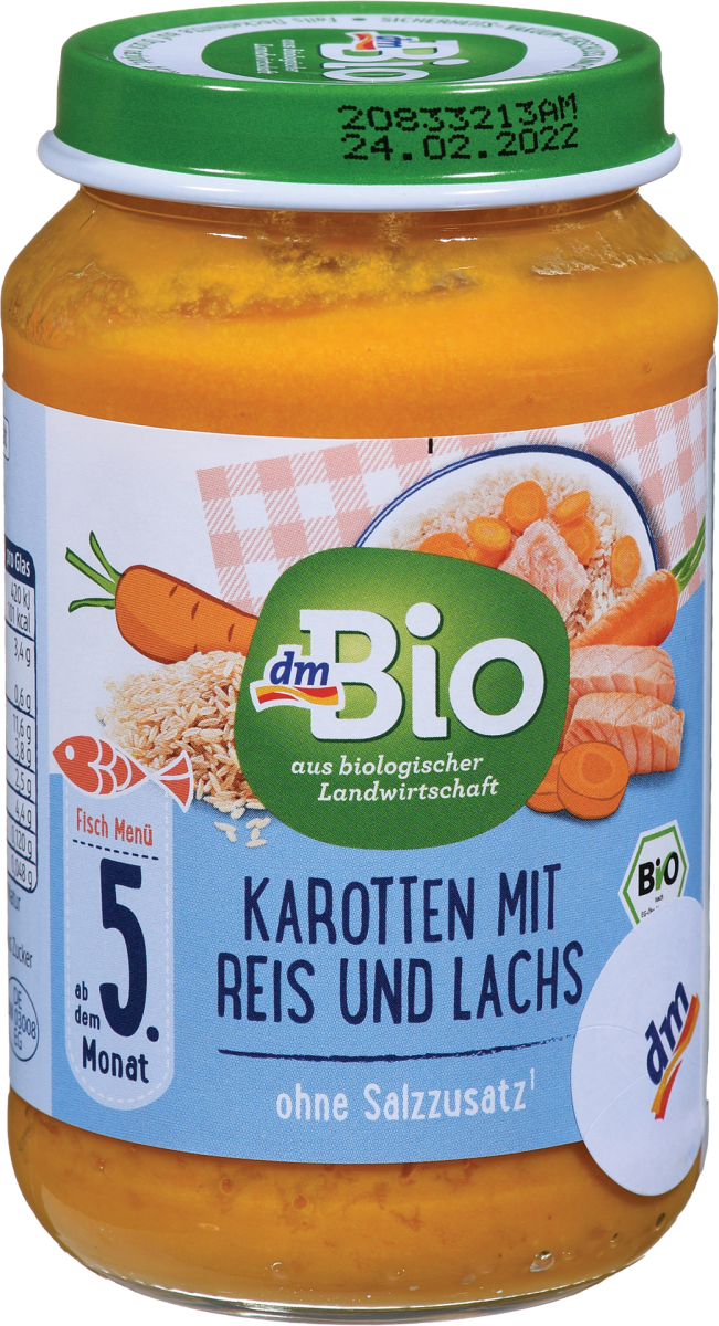 dmBio Omogeneizzato di carote con riso e salmone, 190 g | dm Italia