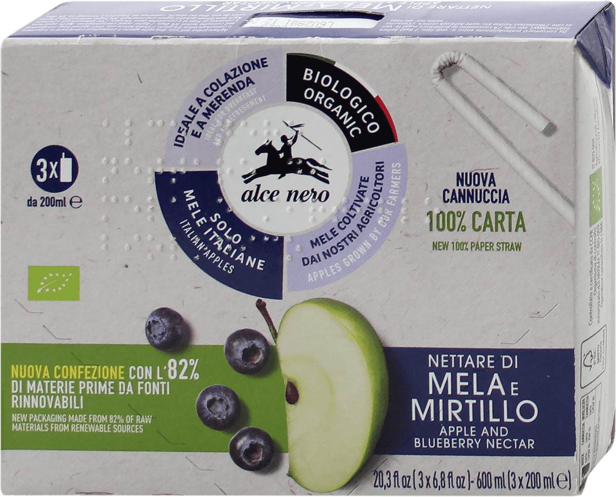 alce nero Nettare di mela e mirtillo biologico, 600 ml | dm Italia