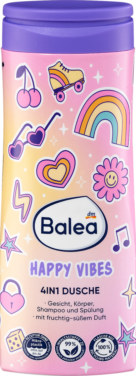 Balea Kinder Duschgel, Shampoo & Spülung 4in1 Happy Vibes, 300 ml ...
