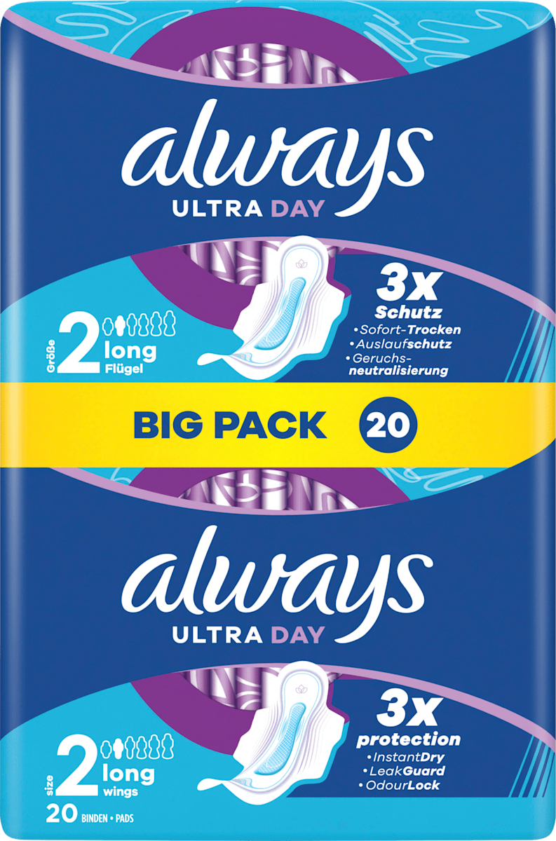 always Ultra-Binden Day Long 2 mit Flügeln, Big Pack, 20 St dauerhaft ...