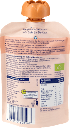 babylove Quetschie Apfel & Mango in Pfirsich mit Hafer recyclebar ab 1 Jahr, 100 g dauerhaft ...