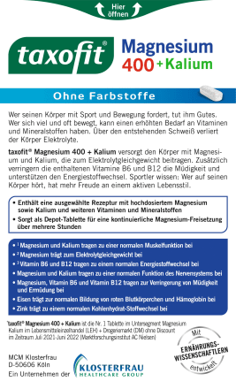 taxofit Magnesium 400 + Kalium Tabletten 30 St, 63 g dauerhaft günstig ...