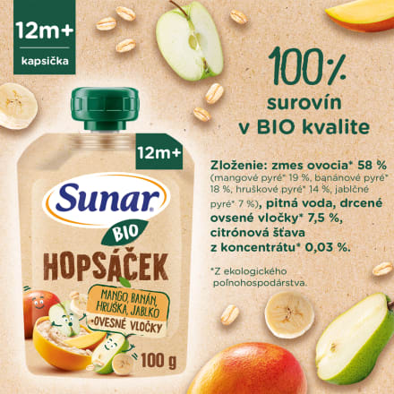 Sunar BIO ovocná kapsička Hopsáček mango, banán, hruška a ovsené vločky ...