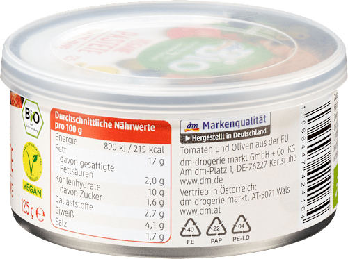 dmBio Brotaufstrich, Vegane Pastete Tomate Olive, 125 g dauerhaft ...