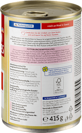 Dein Bestes Nassfutter Katze, reich an Rind in Sauce, 415 g dauerhaft ...