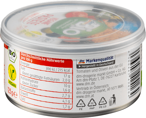 dmBio Brotaufstrich, Vegane Pastete Tomate Olive, 125 g dauerhaft günstig online kaufen | dm.de