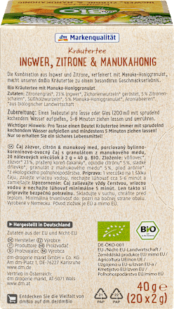 dmBio Čaj od đumbira i limuna s medom od manuke, 20 ﬁlter-vrećica, 40 g ...