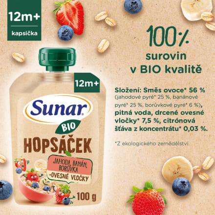 Sunar BIO příkrm v sáčku Hopsáček jahoda, banán, borůvka a ovesné ...