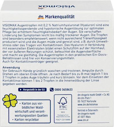 VISIOMAX Augentropfen mit 0,2% Hyaluron, ohne Konservierungsmittel, 15 ...