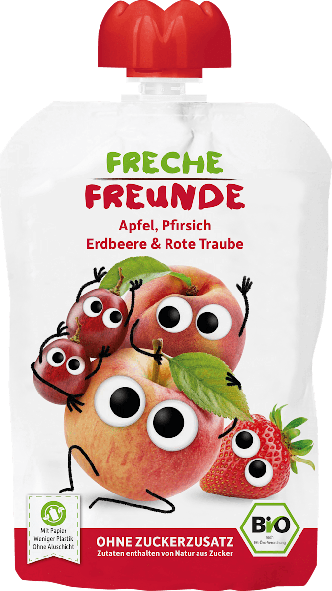Freche Freunde Bio Quetschie Apfel, Pfirsich, Erdbeere & rote Traube ...