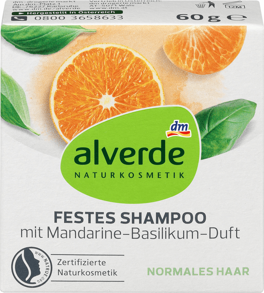 alverde NATURKOSMETIK Festes Shampoo mit Mandarine-Basilikum-Duft, 60 g ...